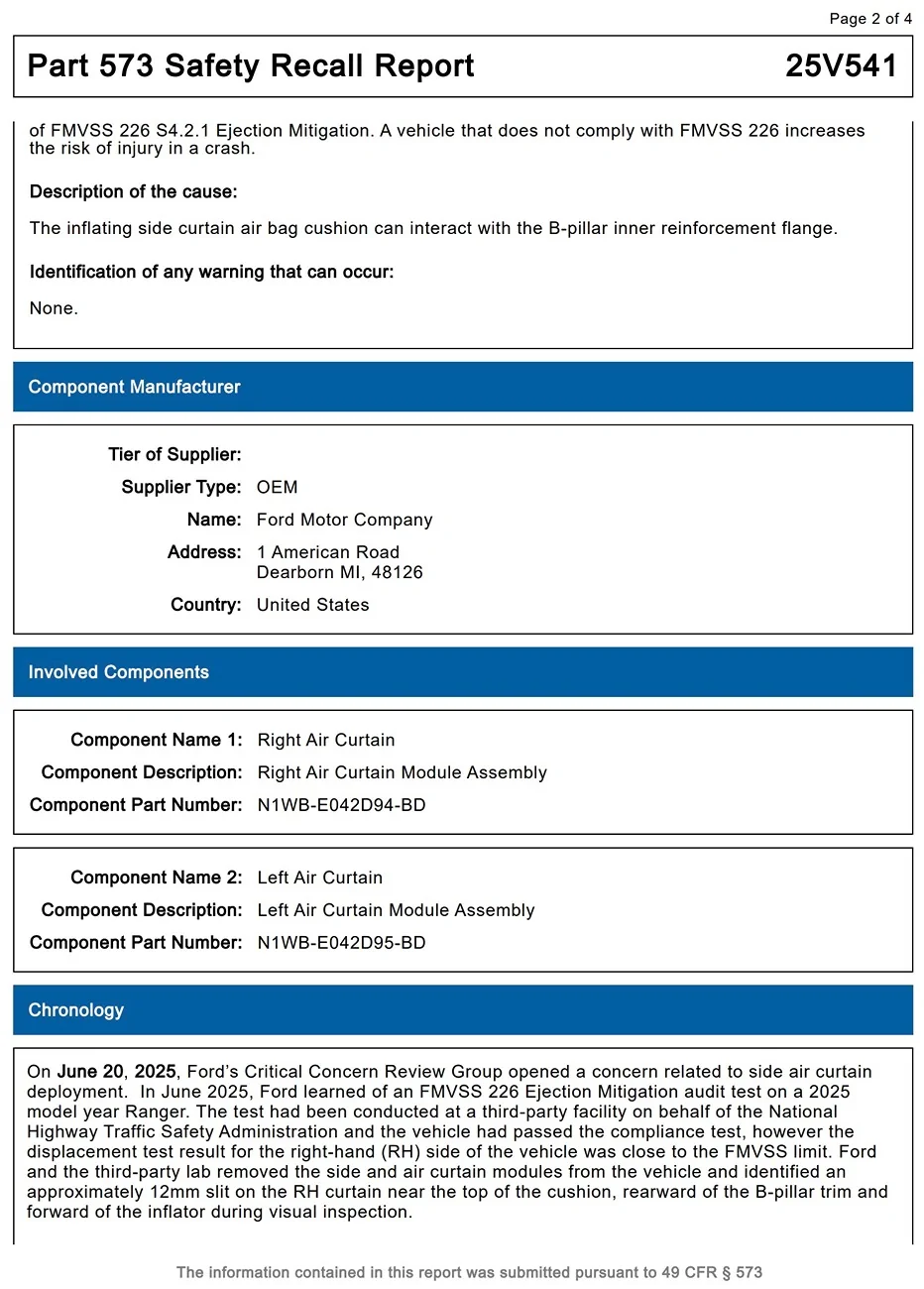 Airbag recall (side air curtain) for 2024-2026 Ranger -- 100,900 units ...